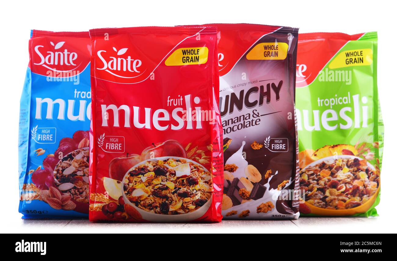 POZNAN, POL - APR 17, 2020: Packages of muesli produced by Sante, a ...