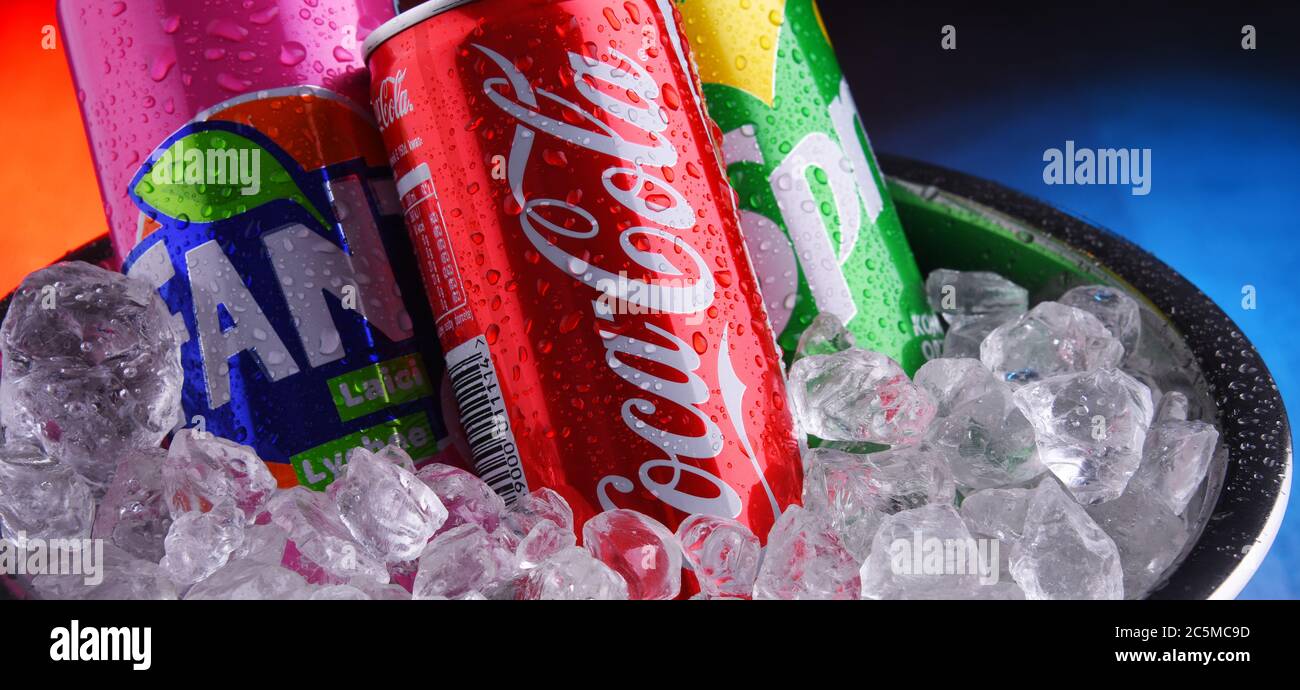 POZNAN, POL - MAY 15, 2020: Cans of Coke, Fanta and Sprite, the ...