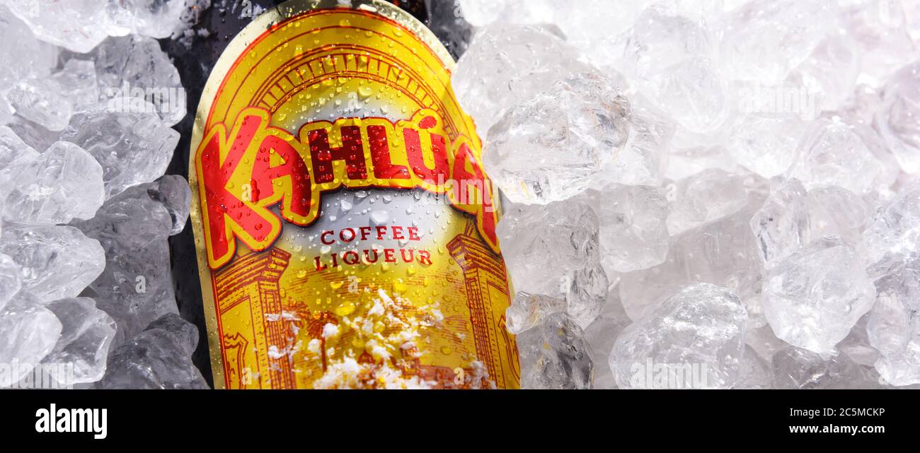 POZNAN, POL - MAY 28, 2020: Bottle of Kahlua, a brand of Mexican coffee ...