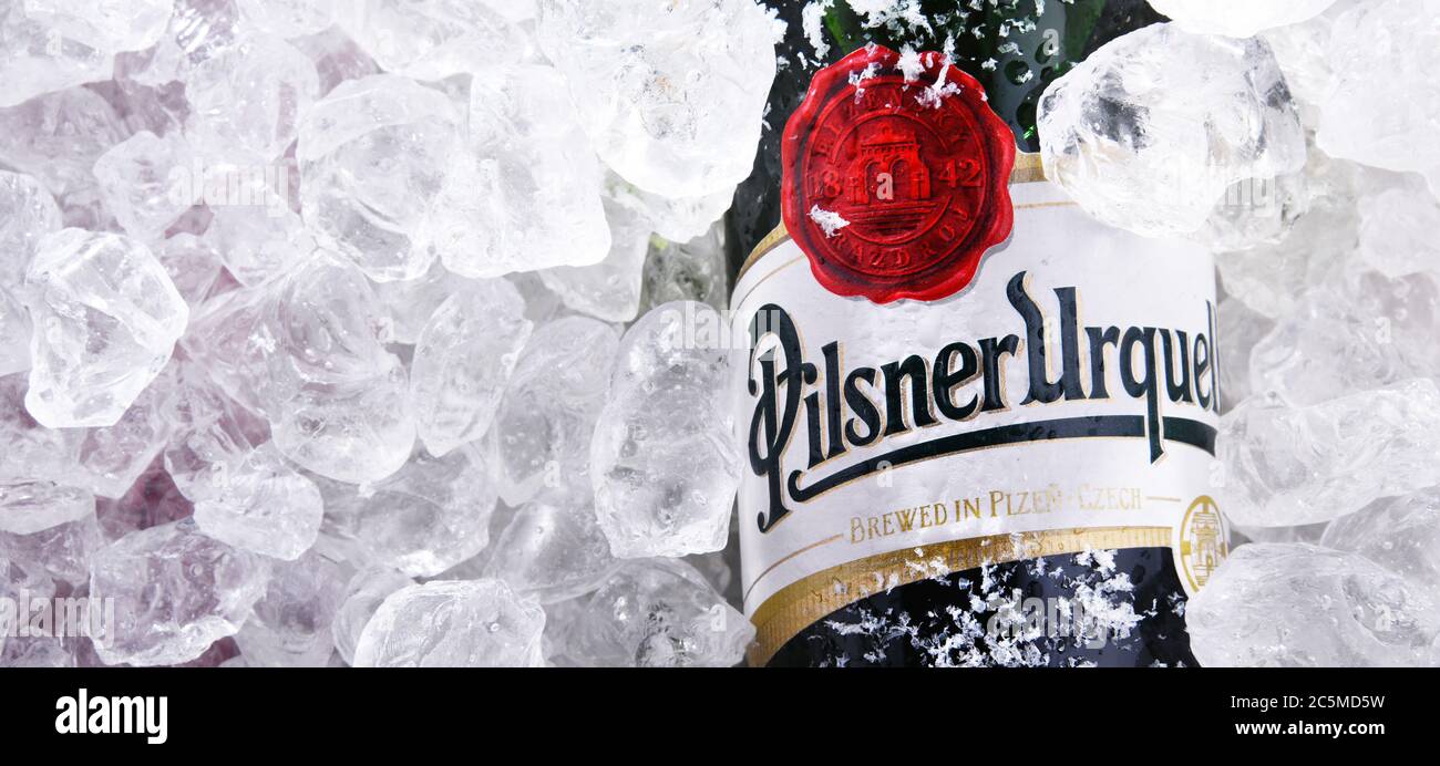 POZNAN, POL - MAY 28, 2020: Bottles of Plzensky Prazdroj, the first ...