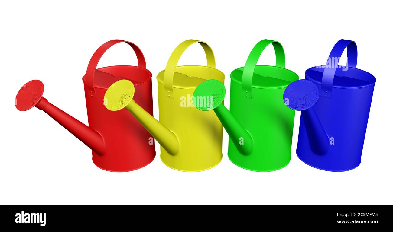 3D rendering of colorful watering cans isolated on white Stock Photo ...