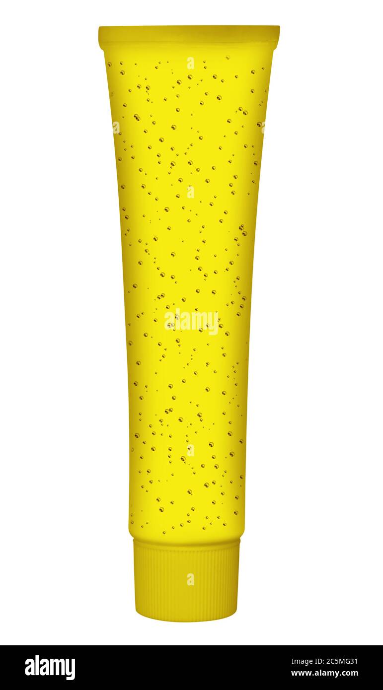 Yellow plastic tube for medicine or cosmetics isolated on white with ...
