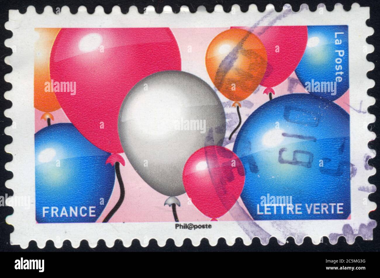 Timbre oblitéré Ballons. France. Lettre verte. La Poste Stock Photo - Alamy