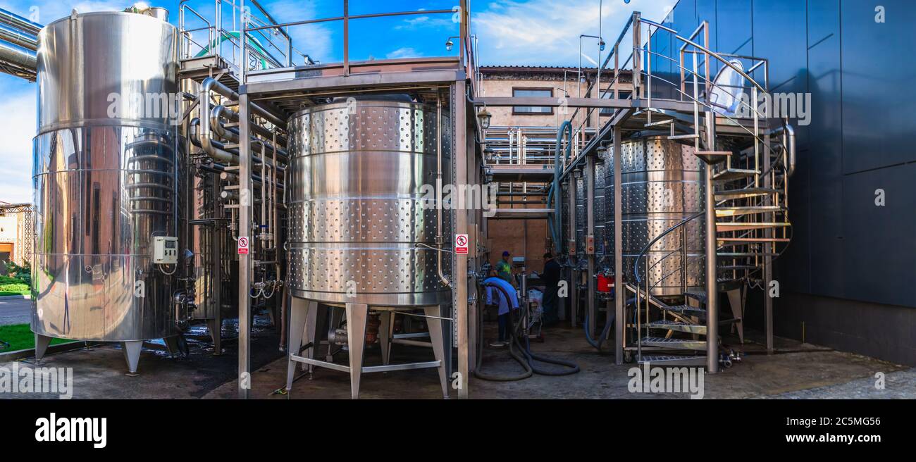 Shabo, Ukraine 09.29.2019. Modern equipment for the production of wine ...