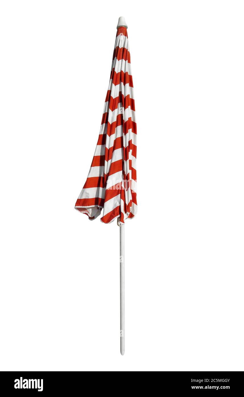 Closed Red-white striped beach umbrella isolated on white. Clipping ...