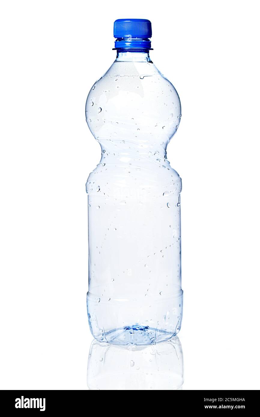 Empty blue plastic bottle isolated on white background, vertical ...