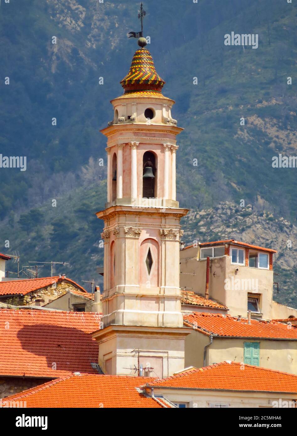 Bell tower of Saint Michel Church in Menton, French Riviera Stock Photo ...