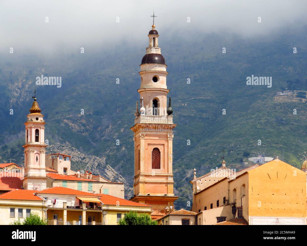 Bell tower of Saint Michel Church in Menton, French Riviera Stock Photo ...