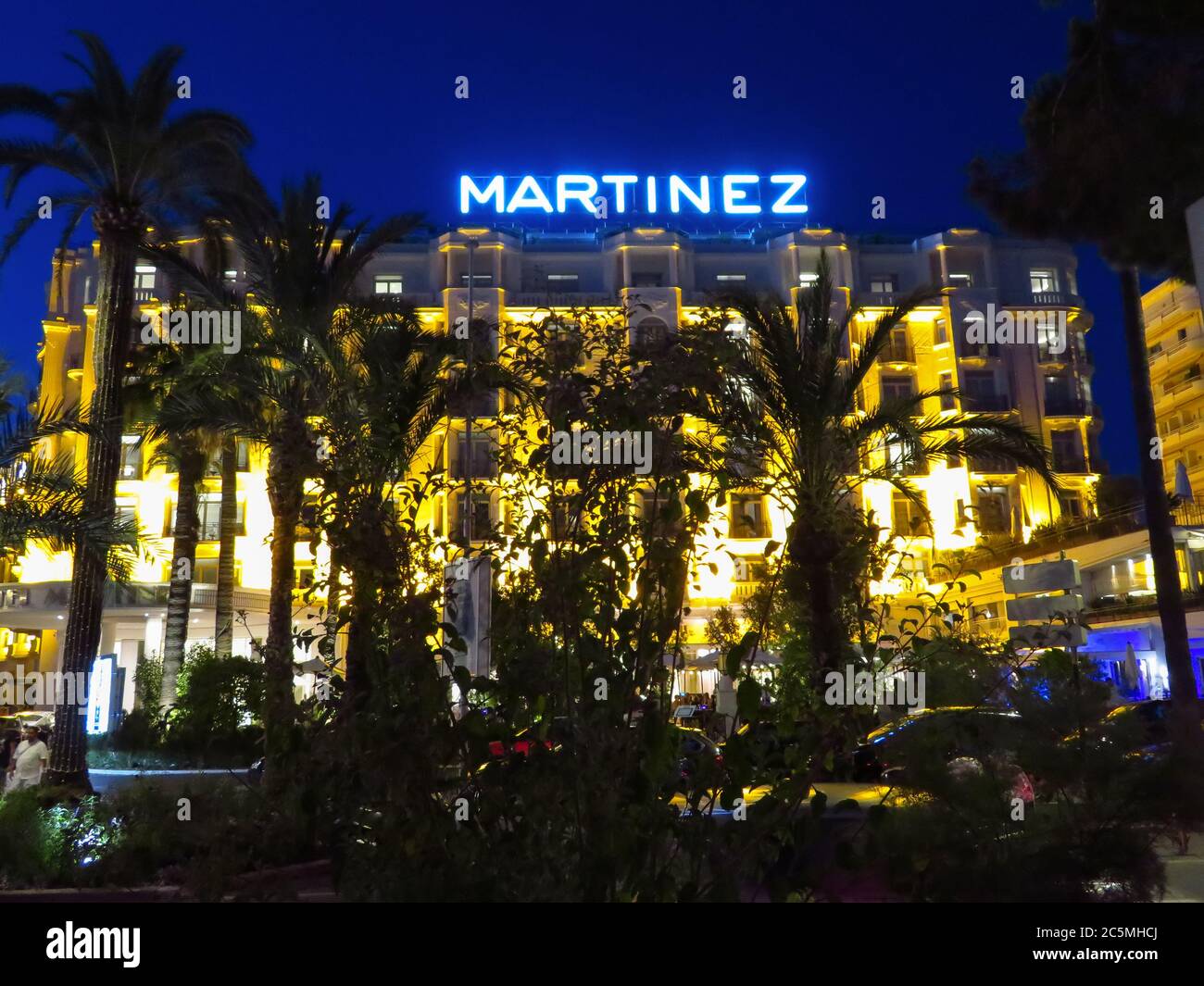Cannes, France - July 12, 2018: Night view of Hotel Martinez facade ...
