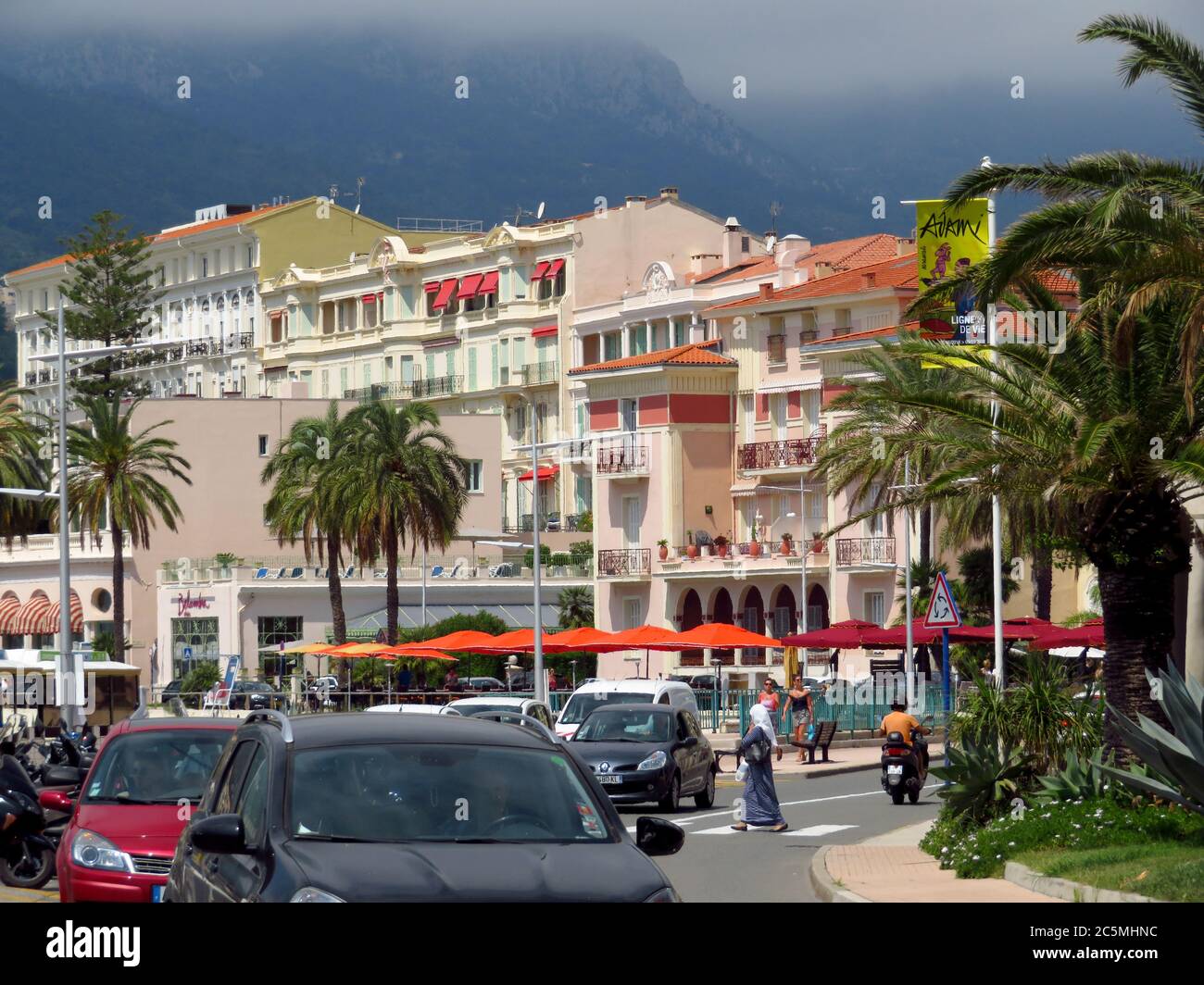 Menton, France - June 30, 2018: City street in the old town. Menton is ...