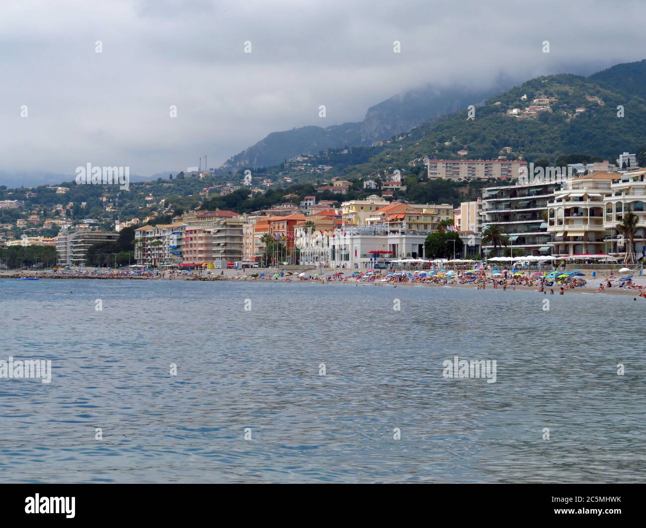 Menton, France - June 30, 2018: Menton beach and a panoramic view of ...
