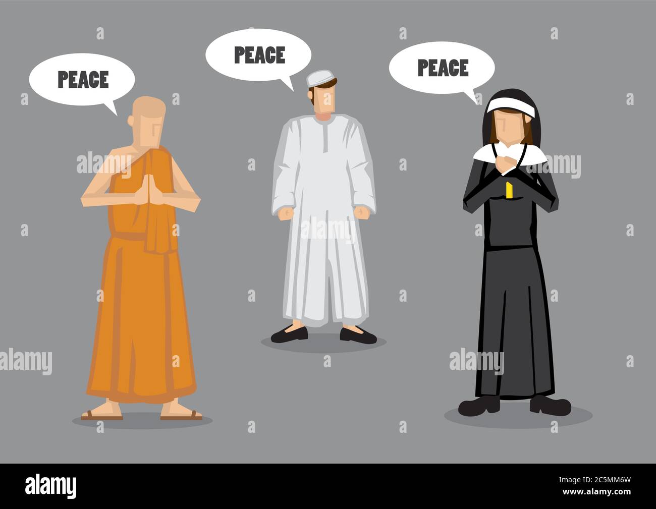 Monk, nun and muslim prophet with speech balloons saying Peace. Vector ...