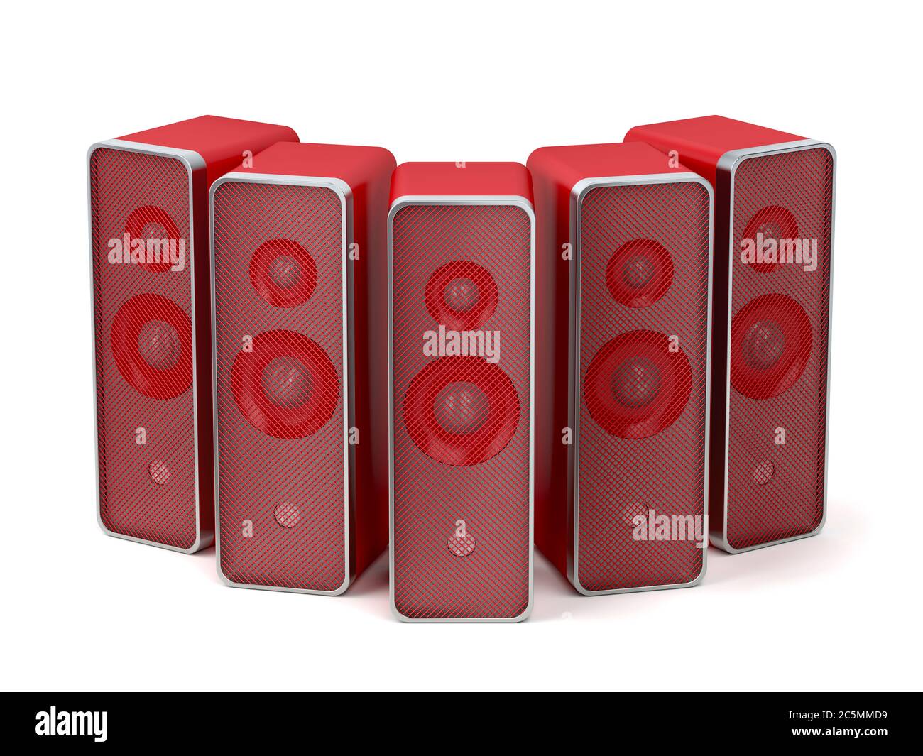Group of five red speakers on white background Stock Photo - Alamy