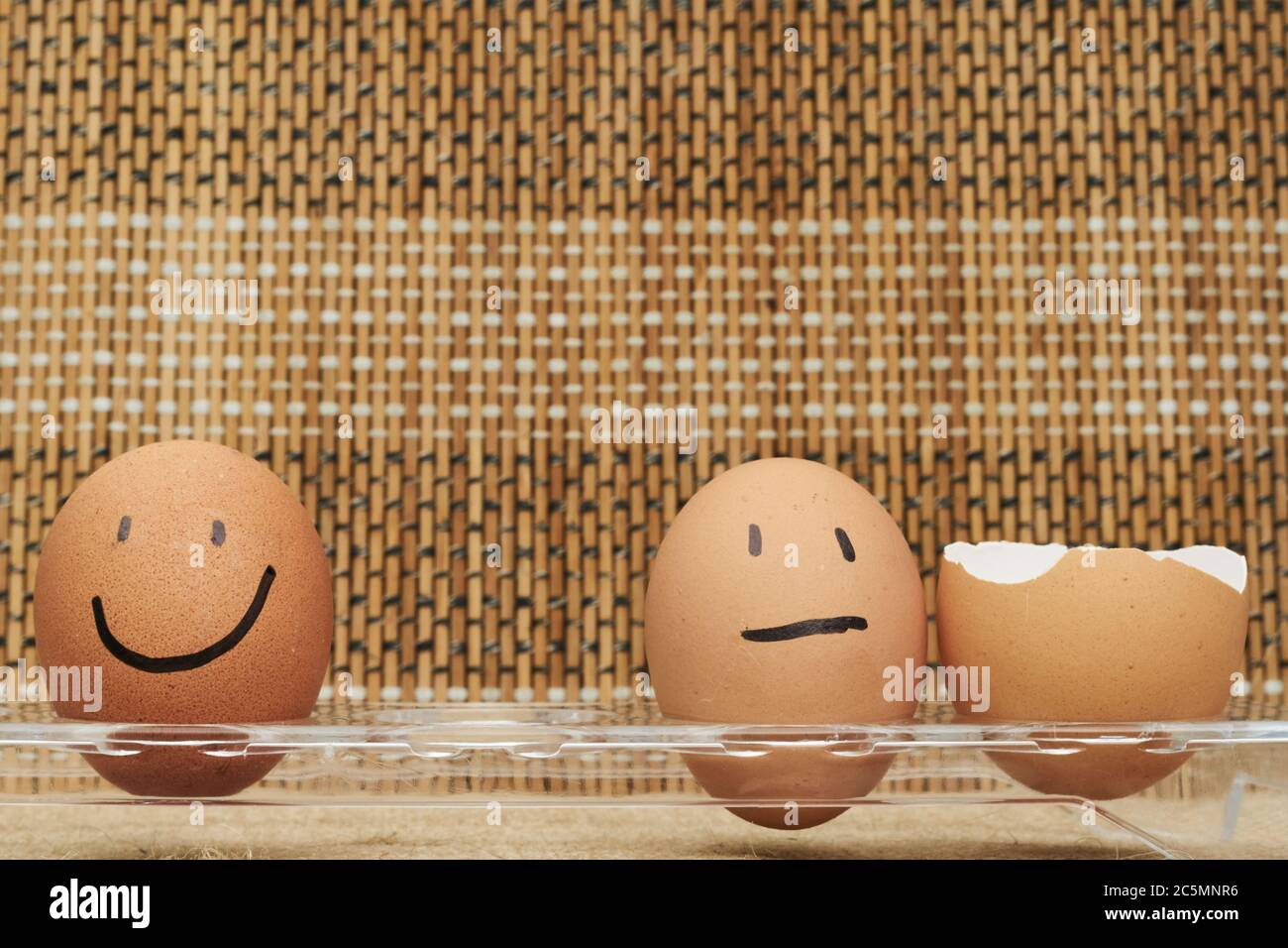 Chicken eggs in an egg holder. Full tray of eggs. Half an egg, egg yolk ...