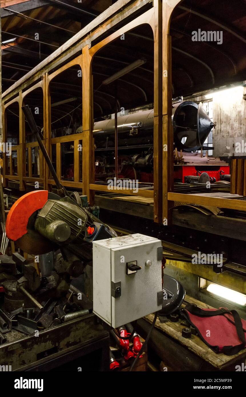 Repair workshop for old railcars and steam locomotives in the train ...