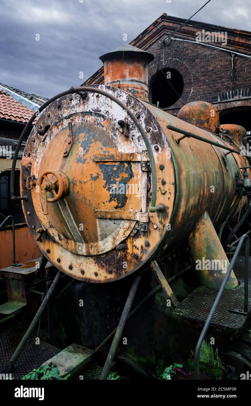 Rusty steam locomotive in the station of Turin Ponte Mosca (Italy ...