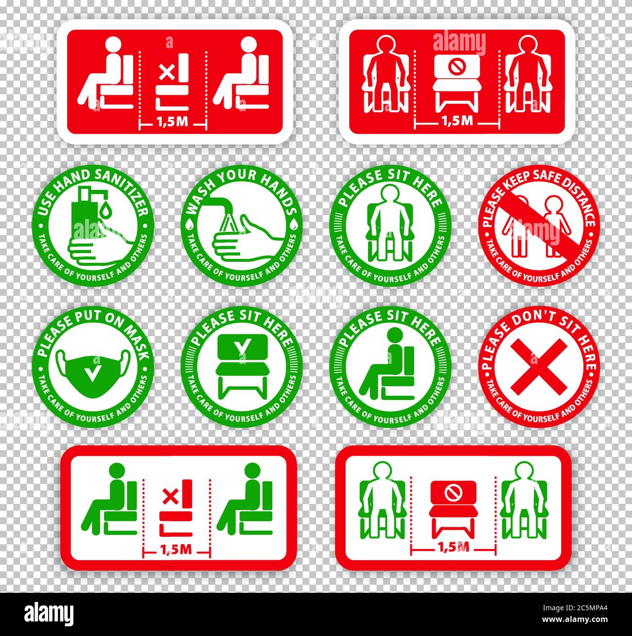 Warning signs on transparent background.. Keep distance between people ...