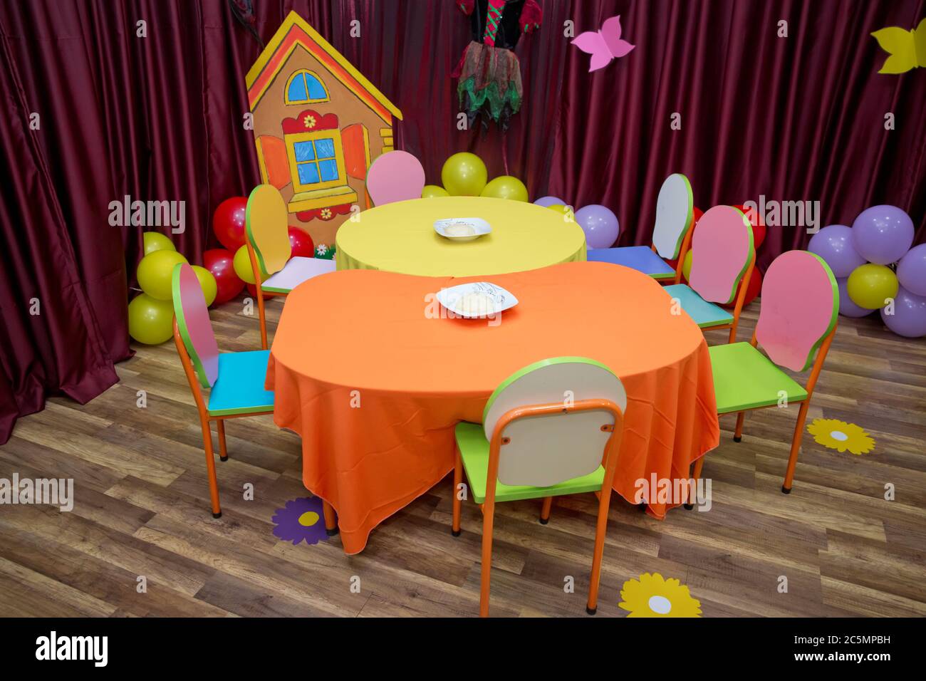 children's furniture and toys in kindergarten . empty tables ...