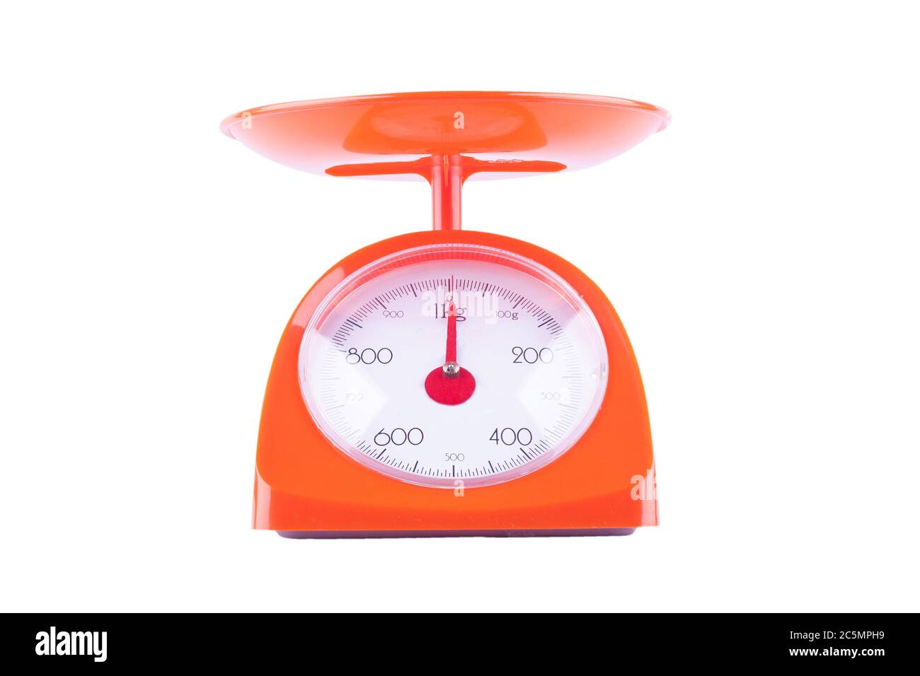 orange weighing scales with pan and dial on white background kitchen ...