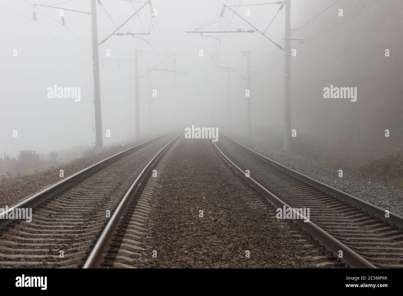 Two parallel tracks of the railway, going into the distance into fog ...