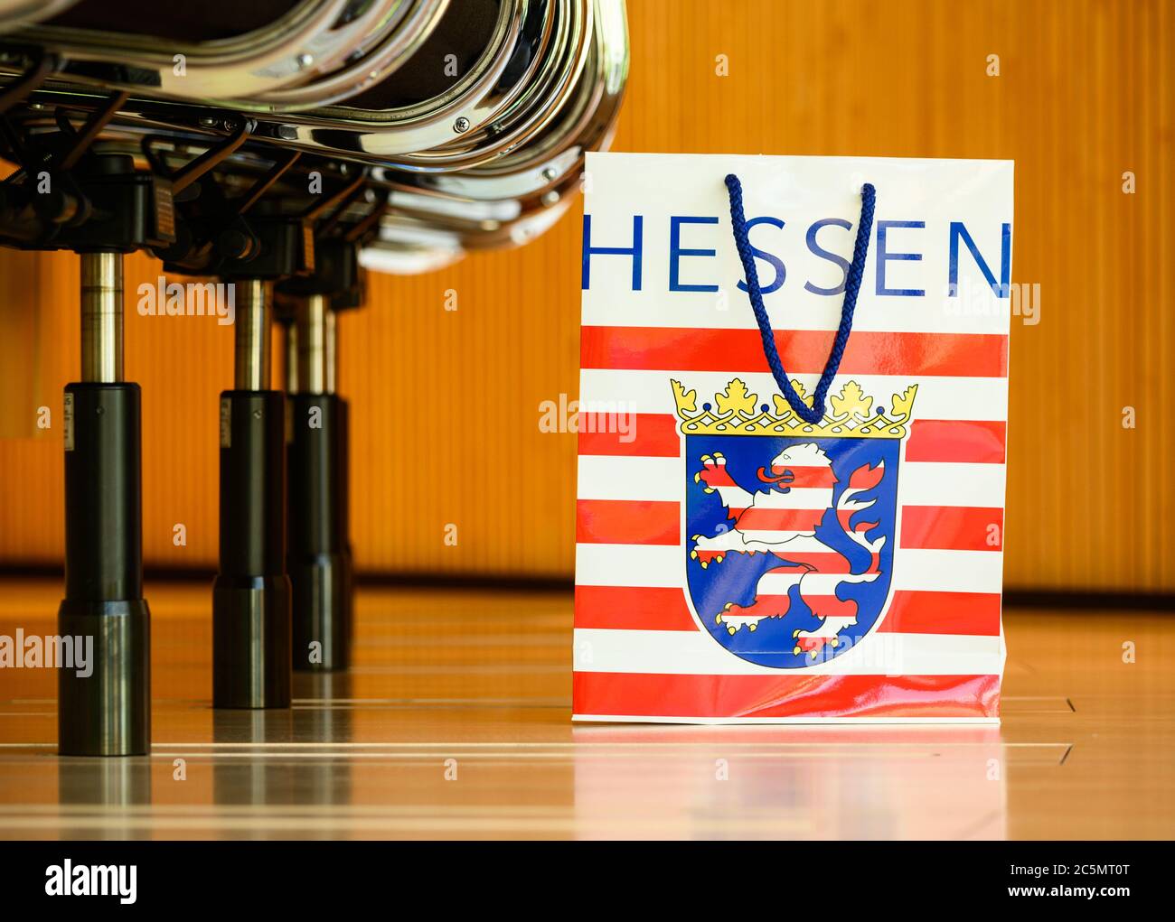 Wiesbaden, Germany. 04th July, 2020. A bag with the logo of the state ...