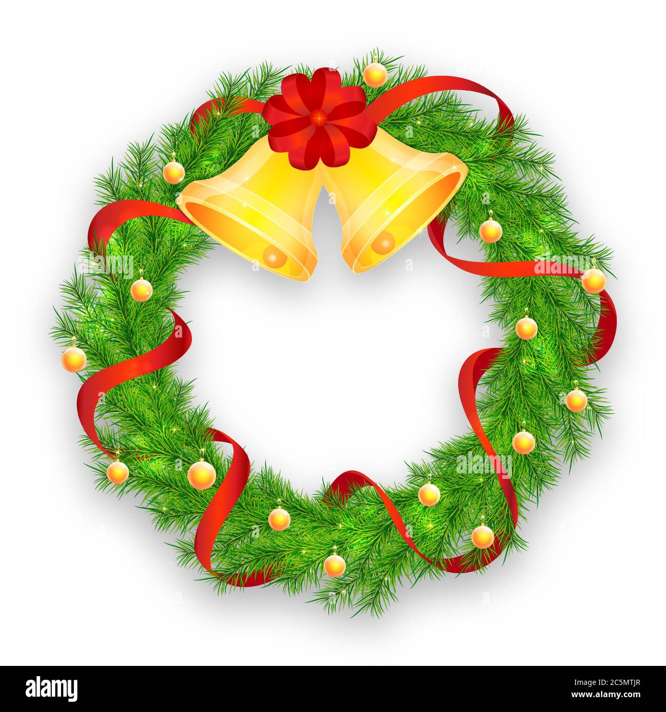 Christmas wreath with red ribbon, bells and balls on white background ...