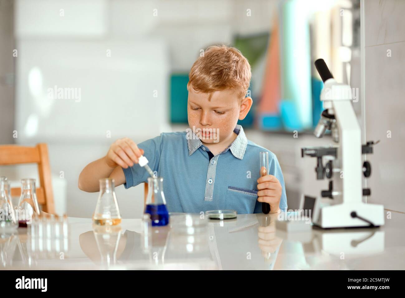 laboratory assistant kid carry out experiments with colored liquids ...