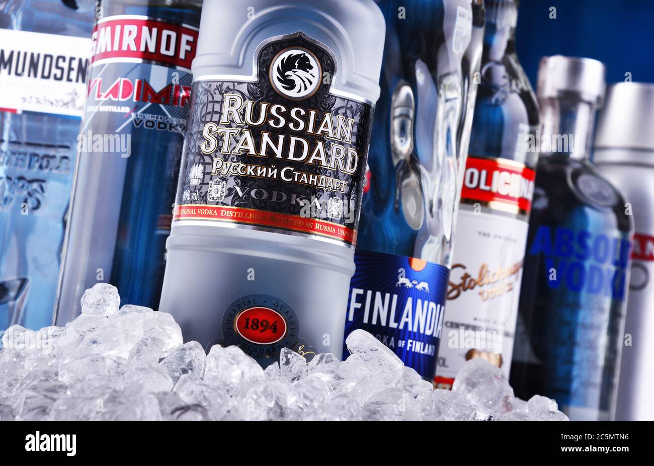 POZNAN, POL - JUN 26, 2020: Bottles of several global brands of vodka ...