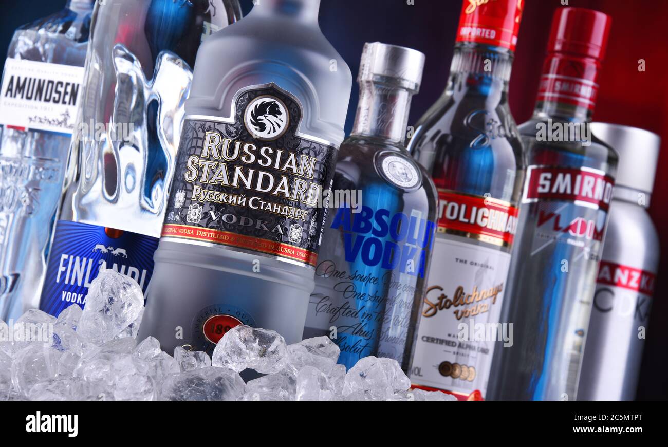 POZNAN, POL - JUN 26, 2020: Bottles of several global brands of vodka ...