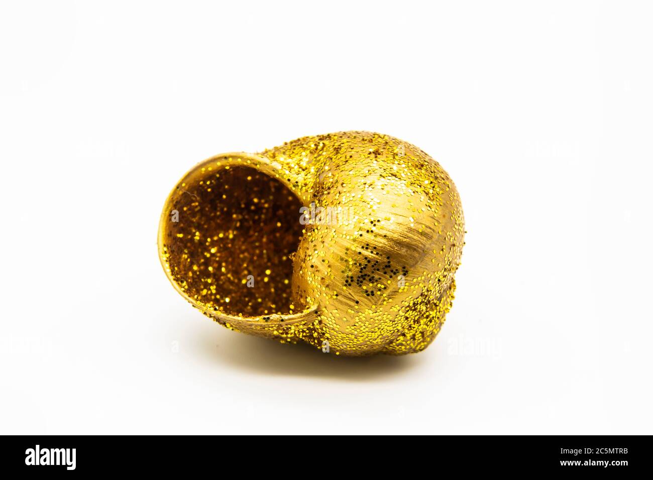 Empty shell of a snail in the gold glitter against white background ...
