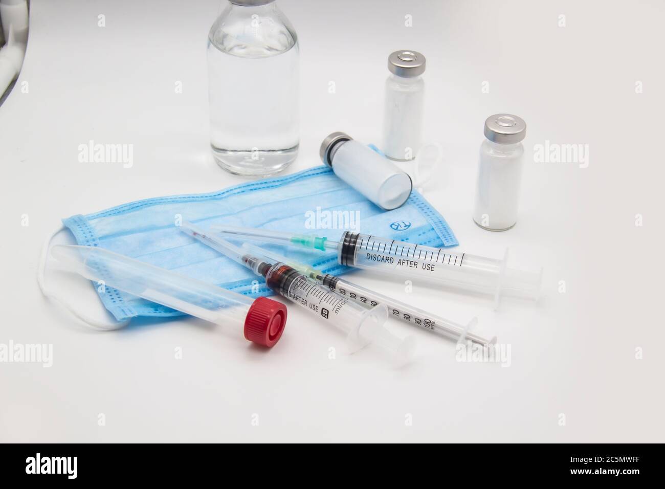 On the table are medical items and injection syringes. Medicine concept ...