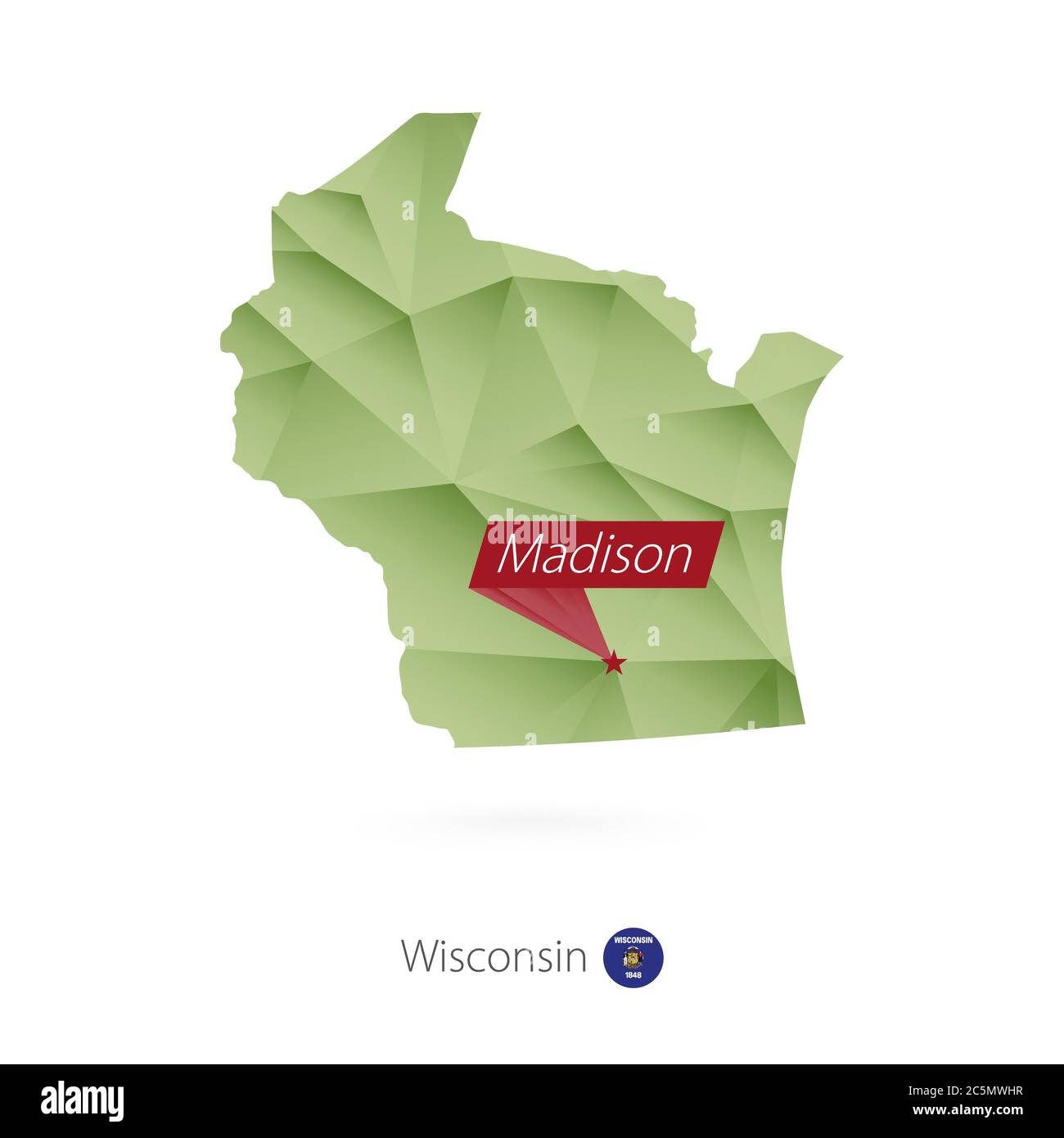 Green gradient low poly map of Wisconsin with capital Madison Stock ...