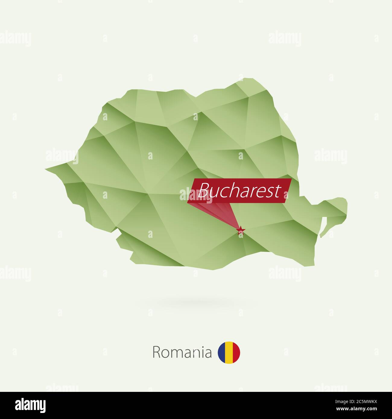 Green gradient low poly map of Romania with capital Bucharest Stock ...