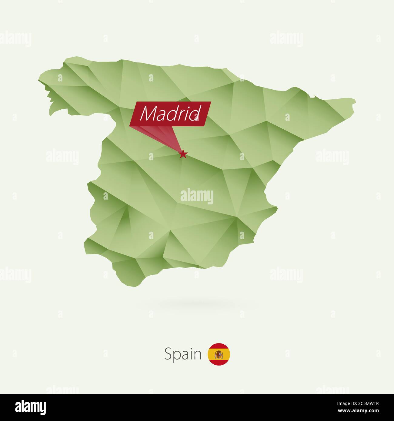 Green gradient low poly map of Spain with capital Madrid Stock Vector ...