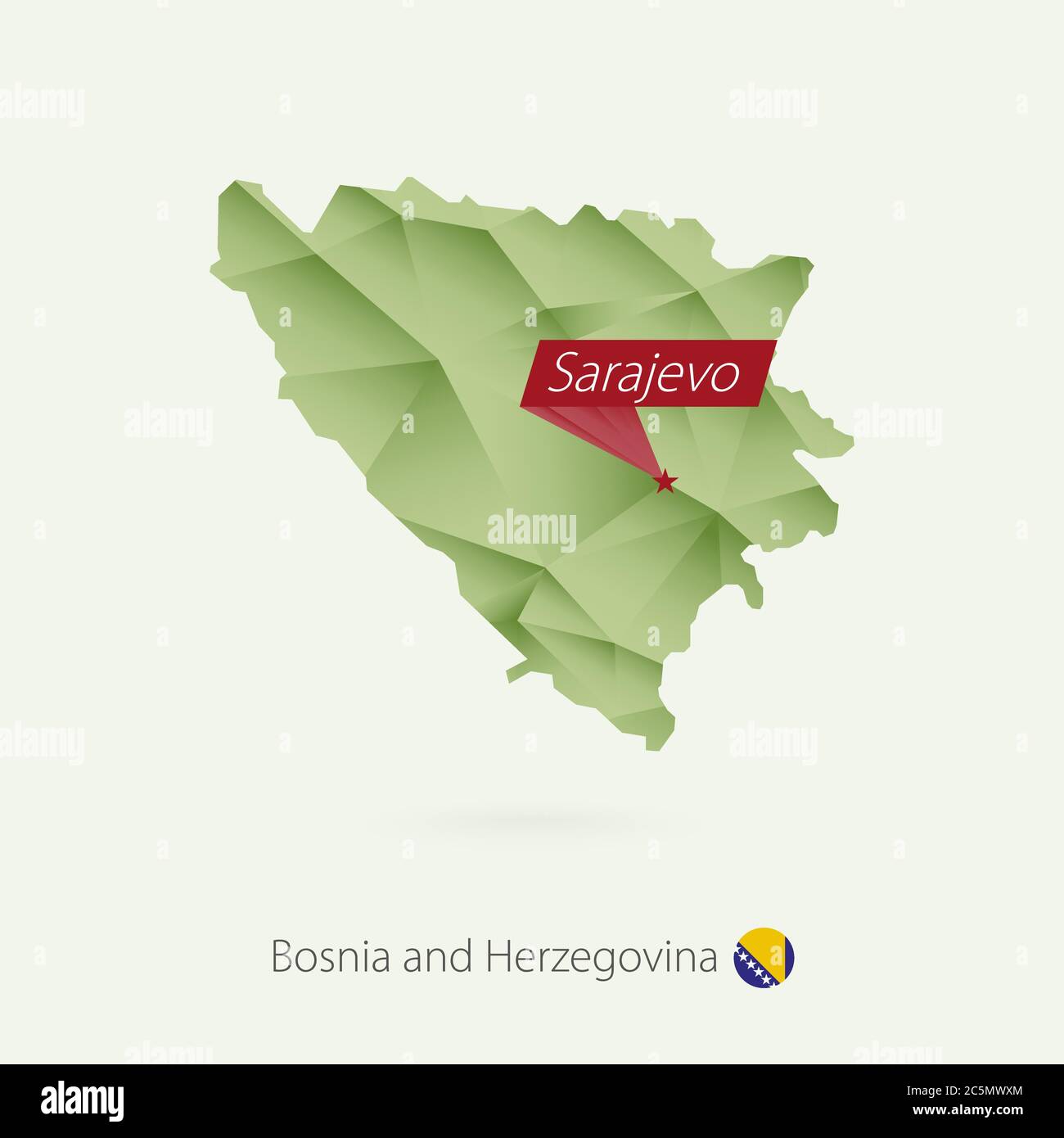 Green gradient low poly map of Bosnia and Herzegovina with capital ...