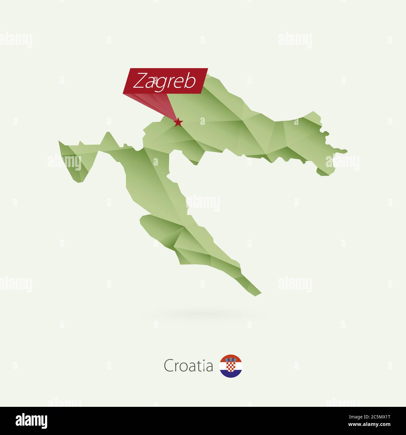 Green gradient low poly map of Croatia with capital Zagreb Stock Vector ...