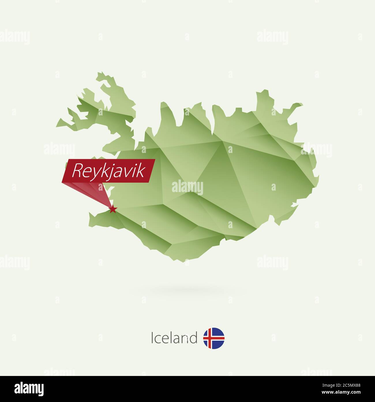 Green gradient low poly map of Iceland with capital Reykjavik Stock ...