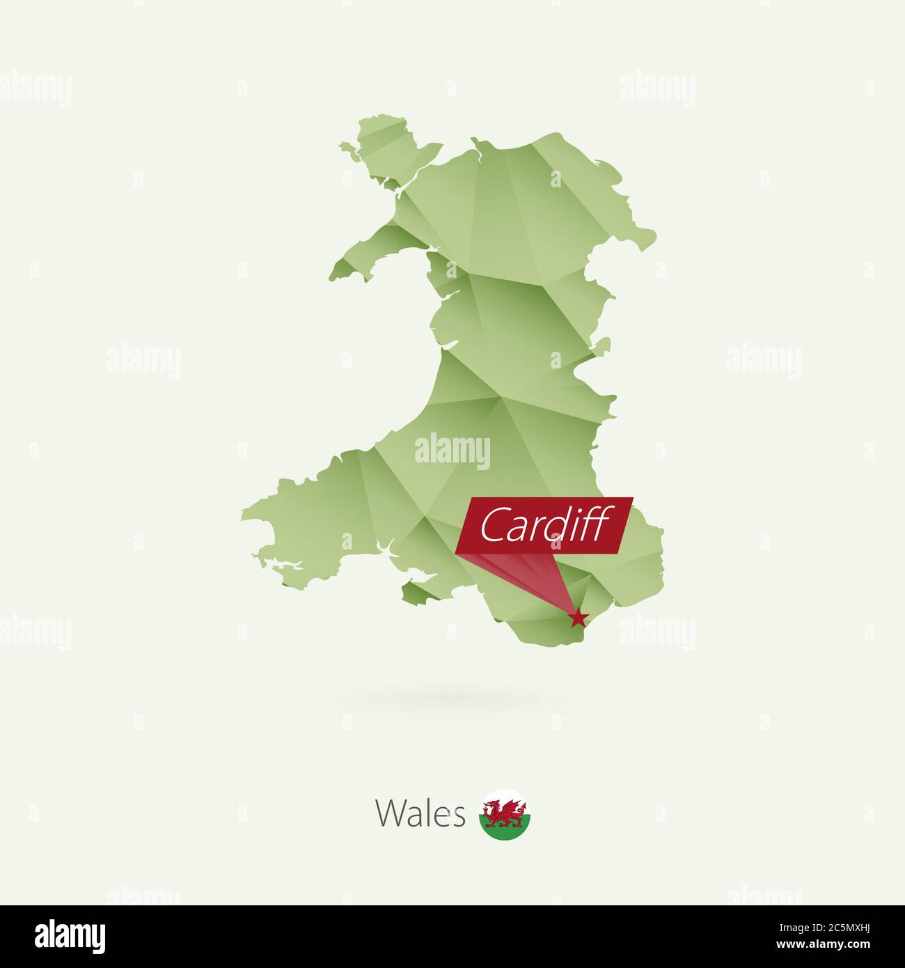 Green gradient low poly map of Wales with capital Cardiff Stock Vector Image & Art - Alamy