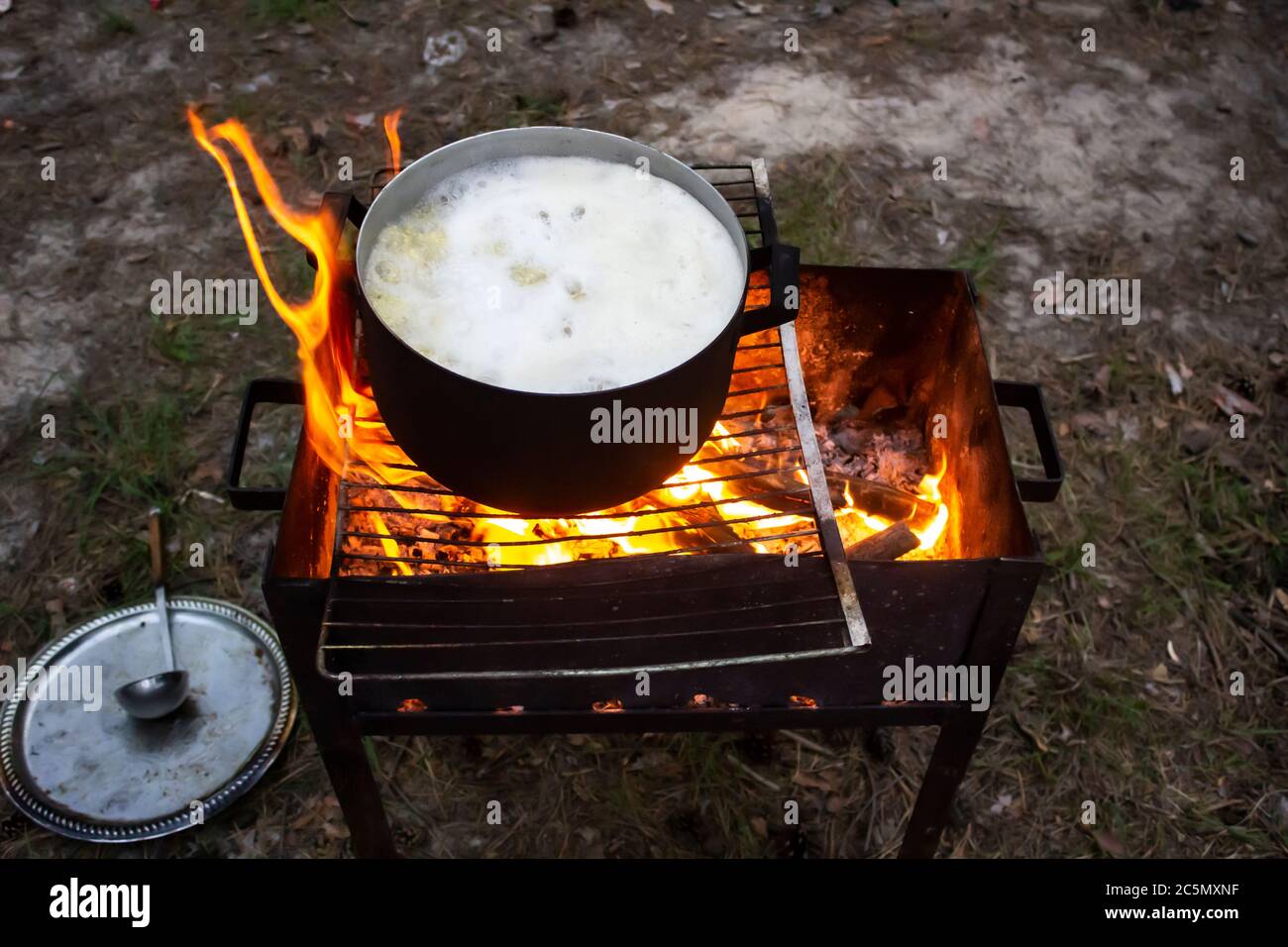 Field kitchen in the forest. Boiling pot with the soup above the fire ...