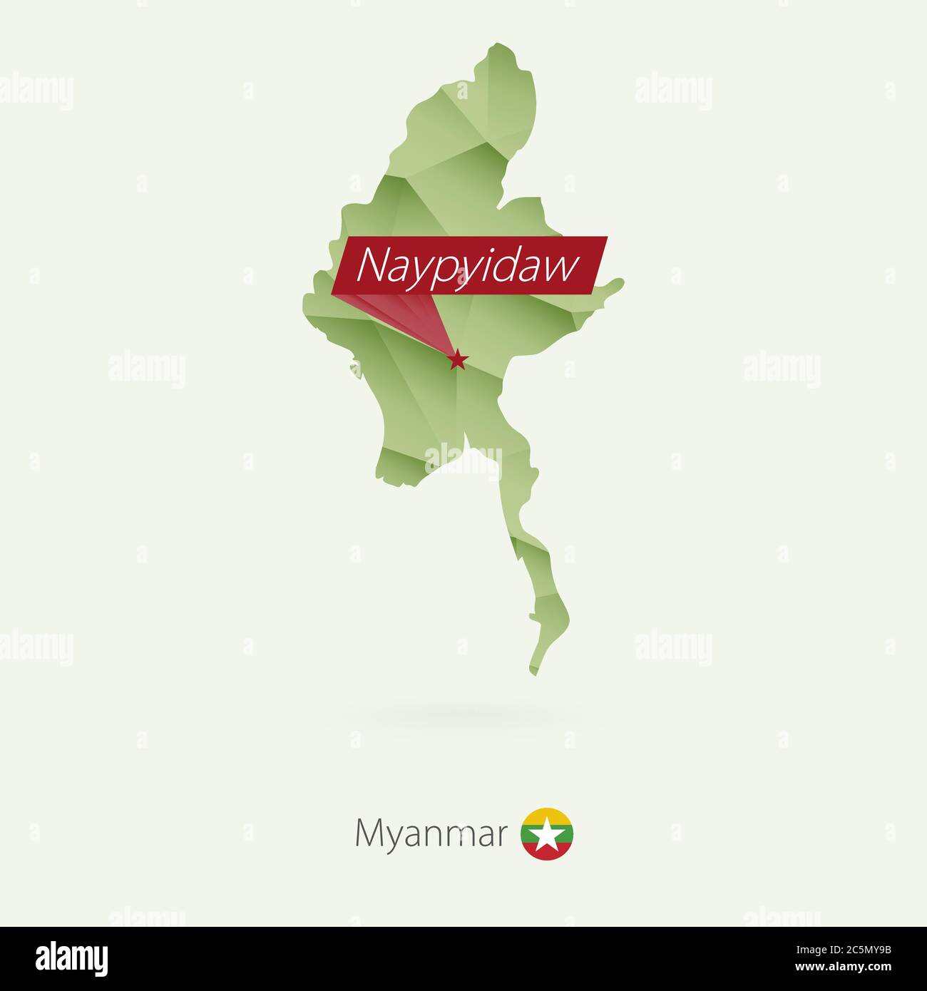 Green gradient low poly map of Myanmar with capital Naypyidaw Stock ...
