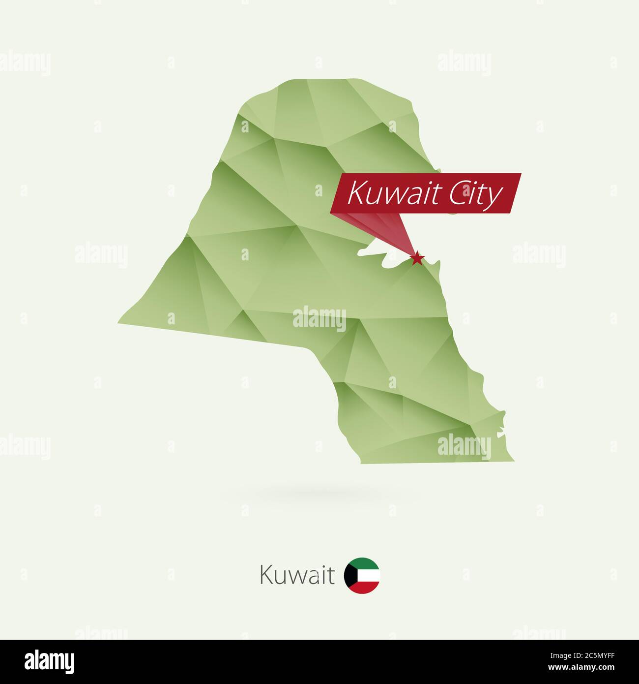 Green gradient low poly map of Kuwait with capital Kuwait City Stock ...