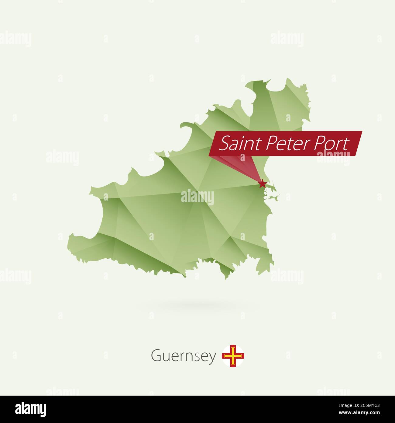 Green gradient low poly map of Guernsey with capital Saint Peter Port ...