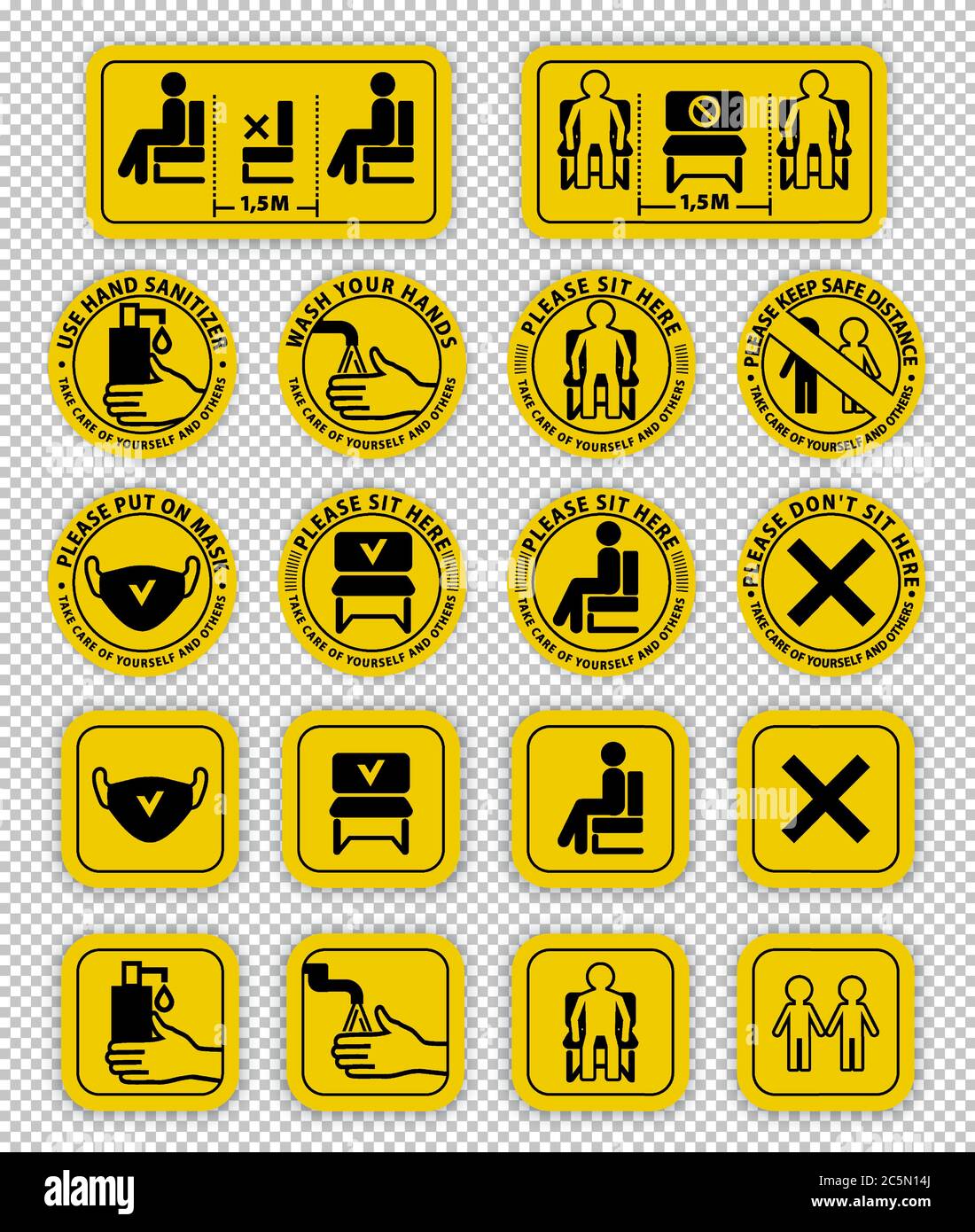 Warning signs on transparent background.. Keep distance between people ...