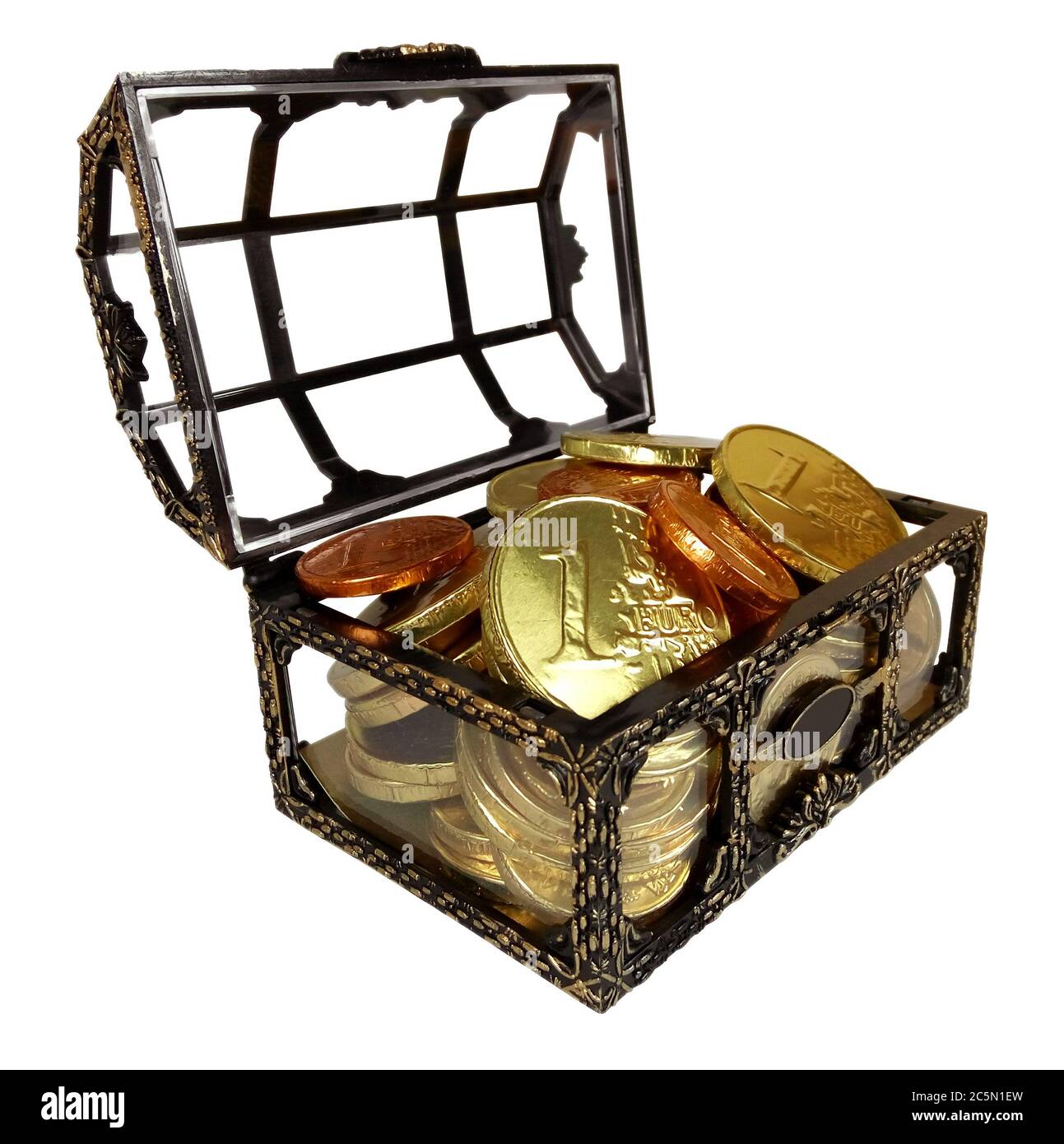 Chest with chocolate coins isolated on white. Clipping path included ...