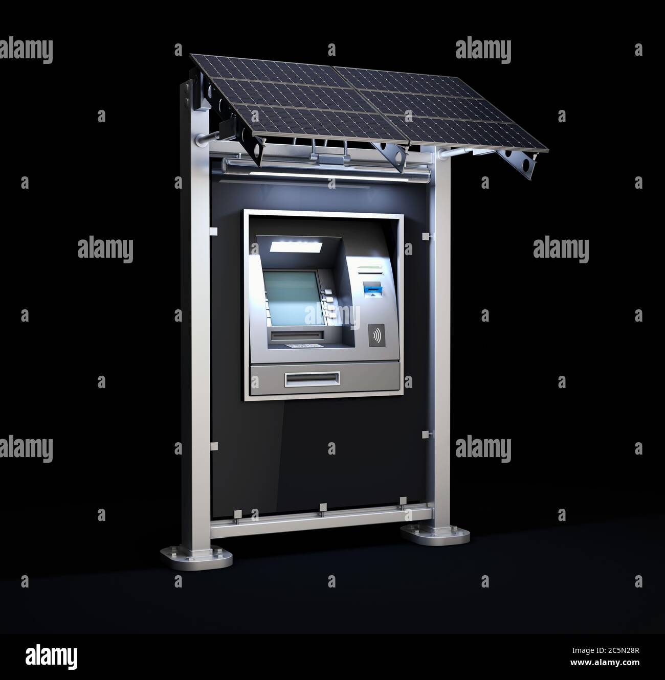 3d Rendering of ATM Bank Cash Machine with solar panel in the night ...
