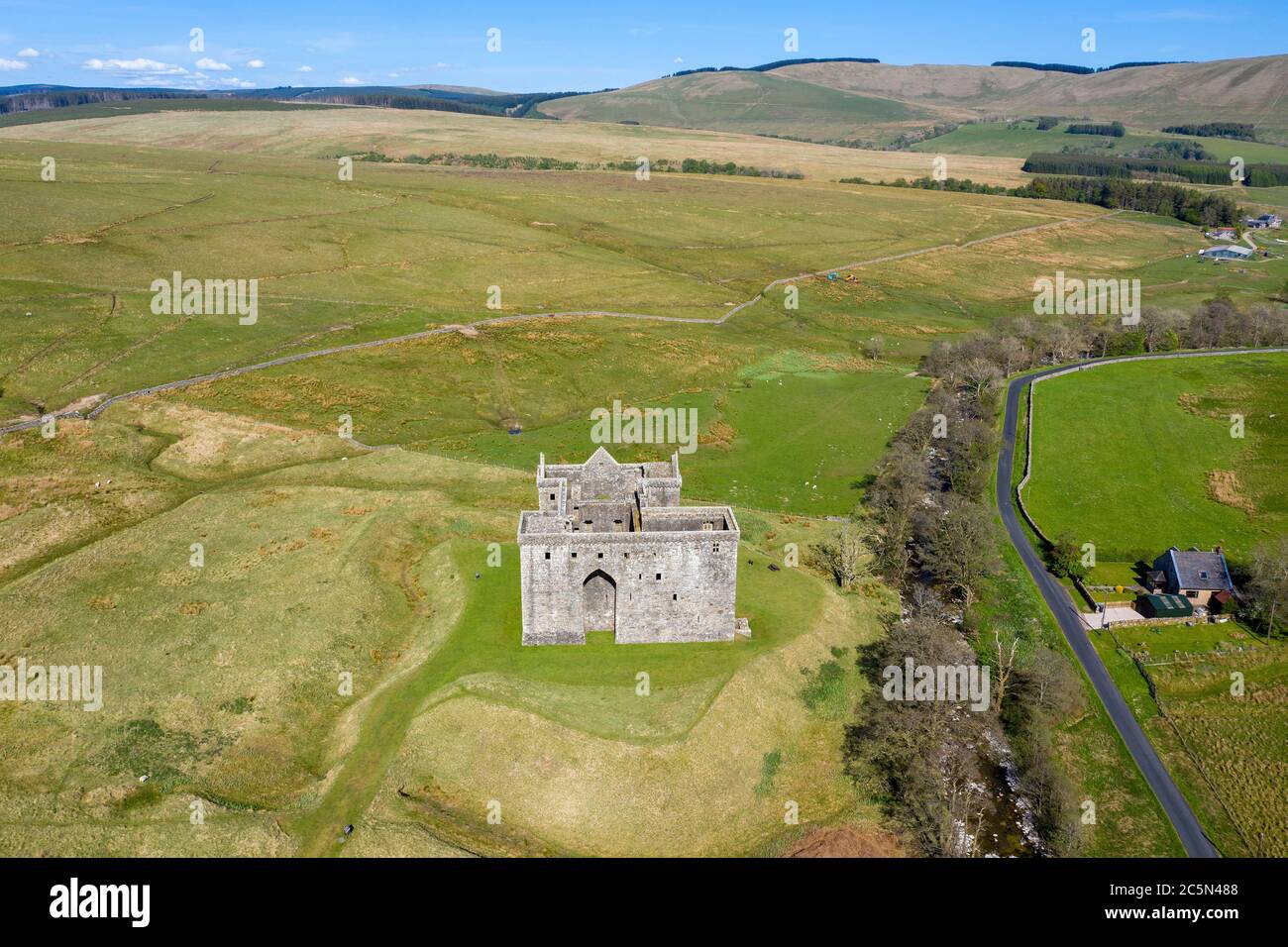 Aerial view of Hermitage castle near Newcastleton, Liddesdale, Scotland ...