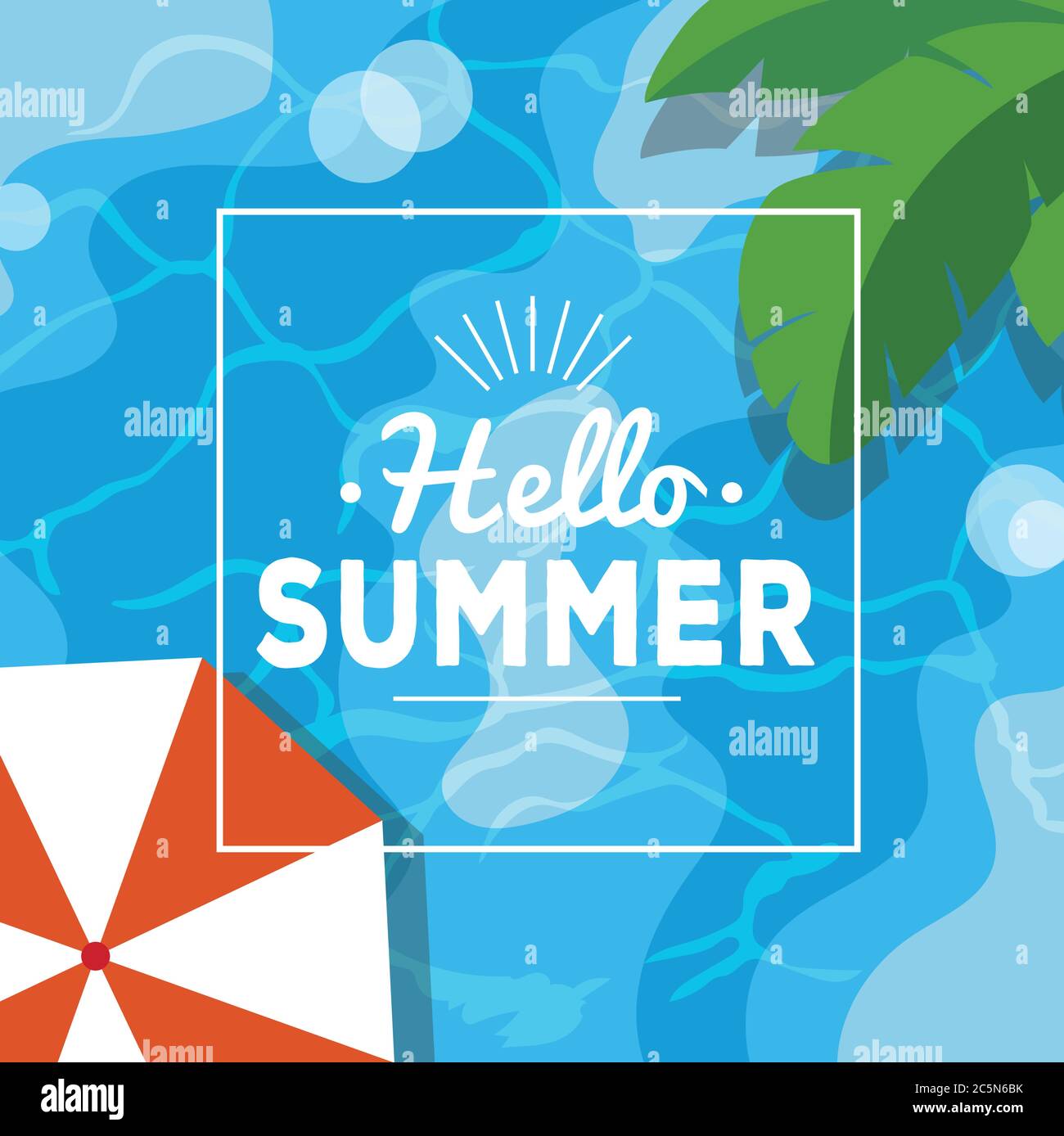 Hello summer illustration with pool scene - sparkling water, palm ...