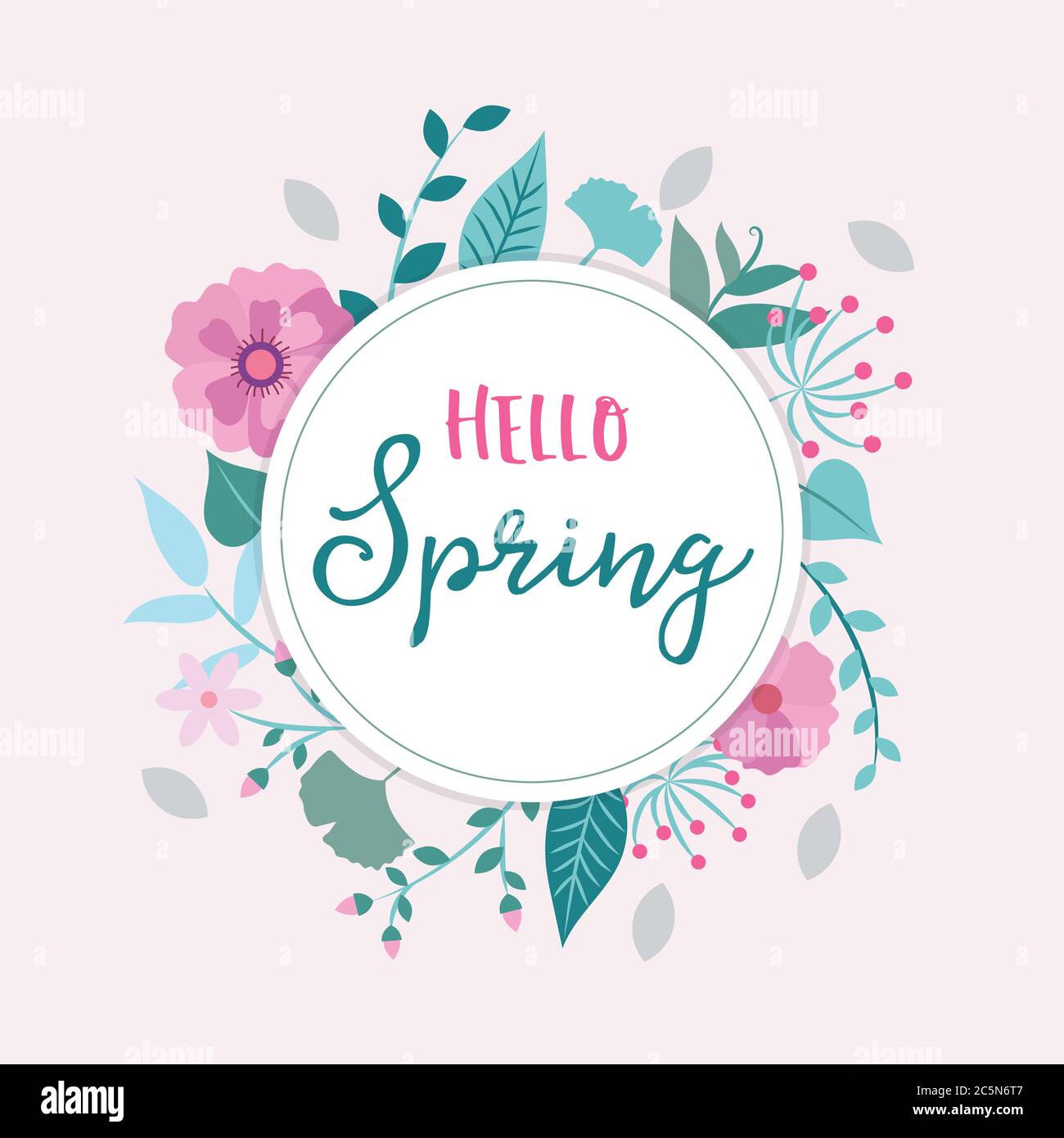 Hello spring - vector illustration with flowers and leaves and ...