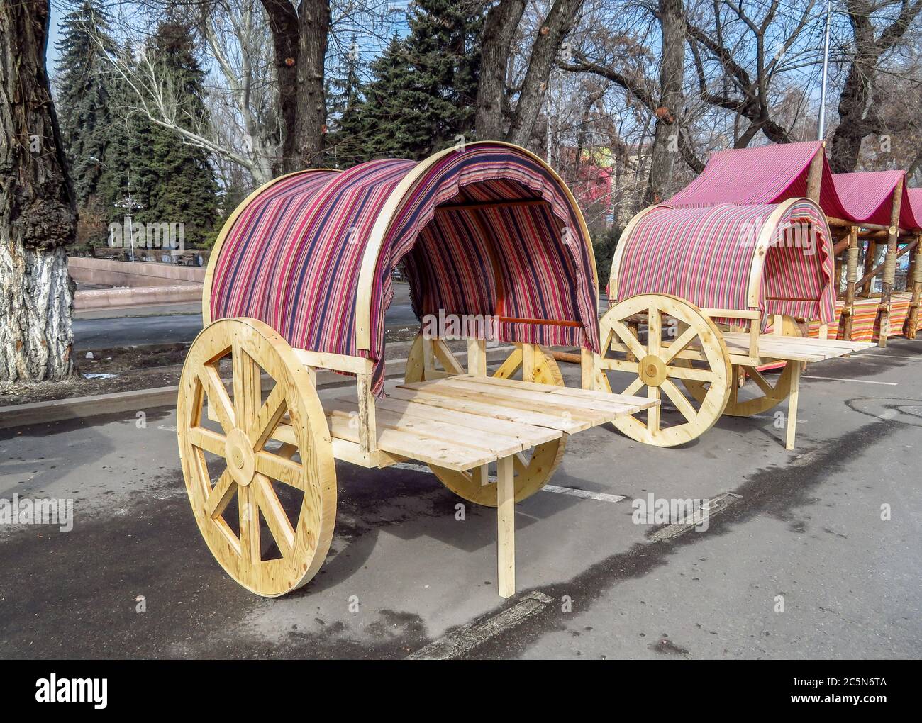 Wooden trade wagons on the street in Almaty, Kazakhstan Stock Photo - Alamy