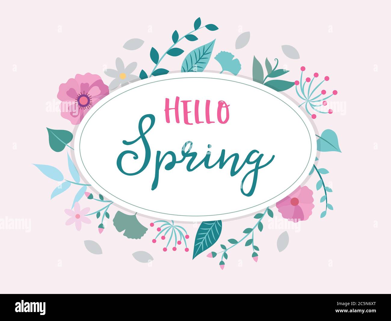 Hello spring - vector illustration with flowers and leaves and ...